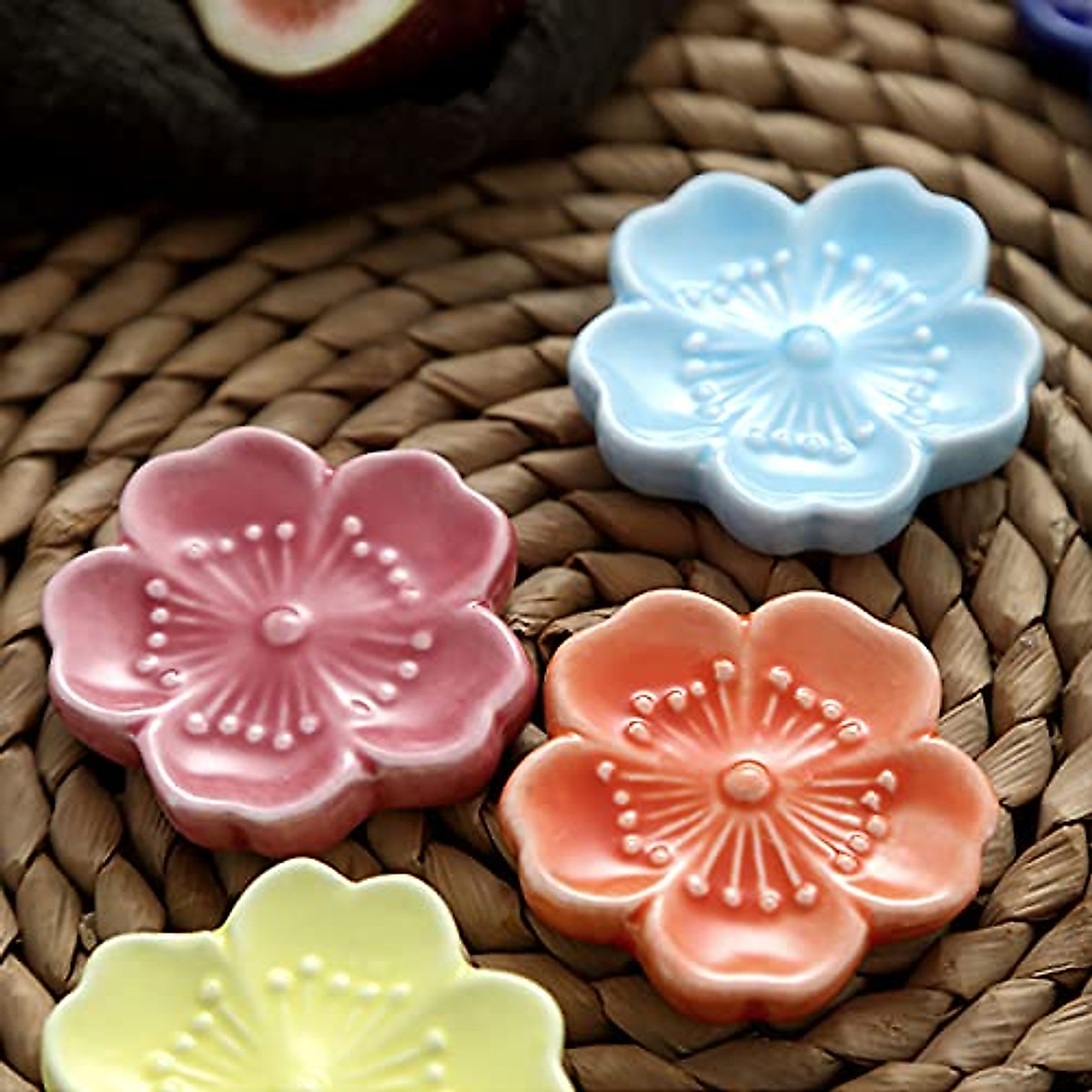 YAIKOAI Set of 7 Cherry Blossom Ceramic Chopsticks Rest Rack Forks Dinner Spoons Knives Stand Holder for Party Home Restaurant Dinnerware