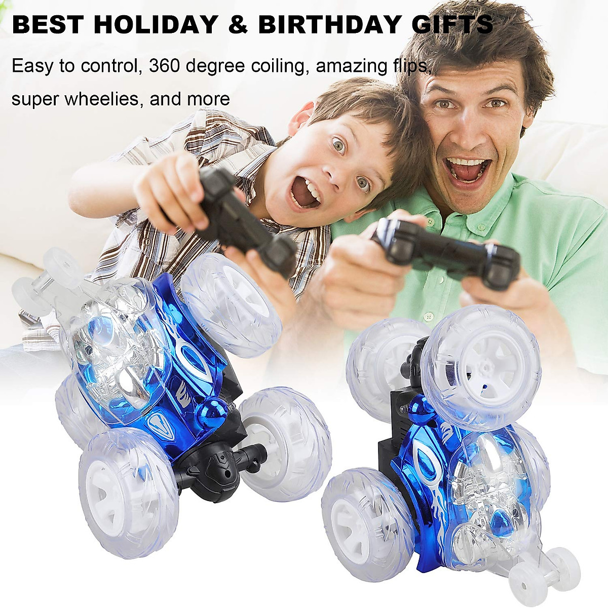 abandon Remote Control Car, RC Stunt Car 360° Spins & Flips with Colorful Lights & Music Switch, Rechargeable Remote Control Car Toy Christmas and Birthday Gift for Kids, Boys and Girls (Bule)