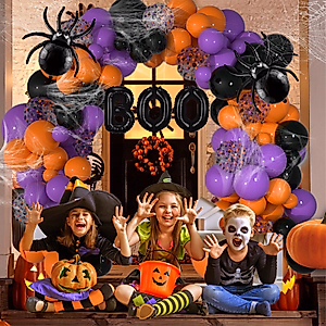 EDFHSEZ 142 PCS Halloween Balloon Garland Arch Kit,Purple Orange Black Balloons and BOO Balloons,Spider Balloons with Spider Web for Halloween Birthday Supplies Halloween Party Decorations
