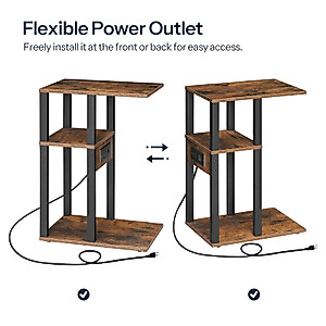 HOOBRO C Shaped End Table Set of 2 with Charging Station, Side Table with 2 USB Ports and Outlets, TV Tray Table, Couch Table for Small Spaces, Living Room, Bedroom, Rustic Brown and Black BF62USFP201