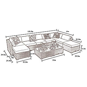 PHI VILLA Outdoor Furniture Set Wicker Patio Sectional Sofa with Tea Table and Ottoman (10 Piece, Blue)