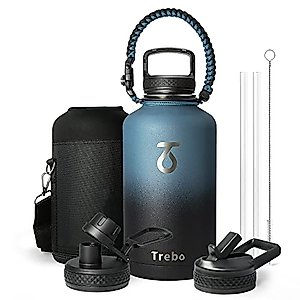 Trebo Water Bottle 64oz with Paracord Handle, Half Gallon Food-grade Double Wall Vacuum Stainless Steel Insulated Jug with Straw Spout Handle Lids, Leakproof Keep Cold & Hot, Ombre: Indigo/Black