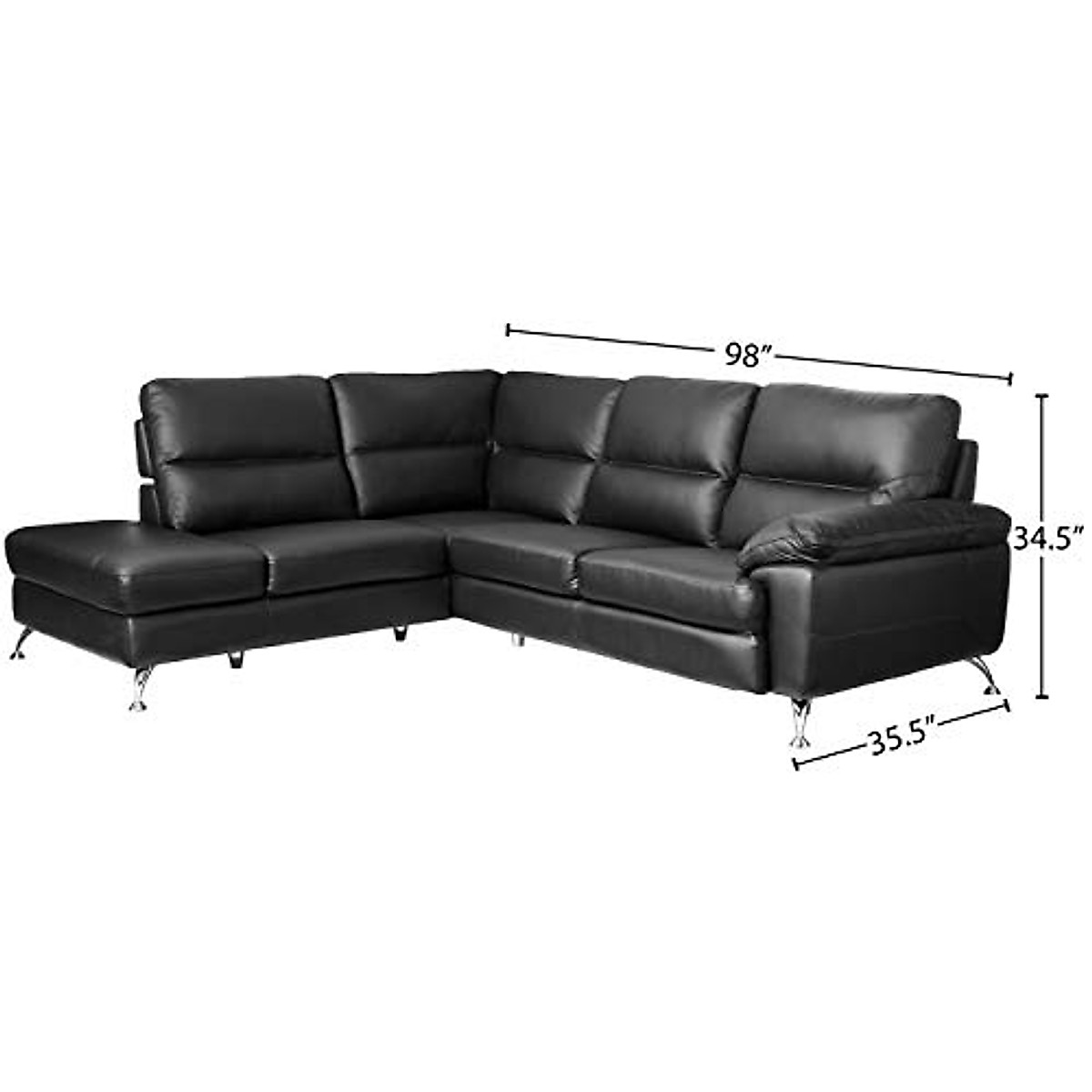 Cortesi Home Boston Leather Sectional Sofa with Left Chaise Lounge, Black
