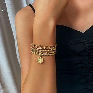 Gold Initial S Bracelets Stackable Bead Bracelet Set Layered 14k Gold Plated Stretch Letter Initial Bracelets Gold Chain Bangles Paperclip Link Charms Bracelet