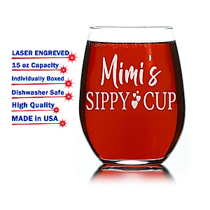 CARVELITA Mimi's Sippy Cup, 15oz Stemless Wine Glass, Funny Birthday Christmas Mother Day Gifts For New Grandma, Mimi, Grandmother, Mom, From Daughter, Son