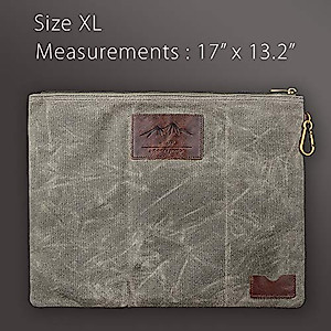 XL Water Resistant Zipper Document Holder, Fits Manila Folder, Rustic Extra Large Waxed Canvas Pouch Full Grain Leather, Inner Pockets, Carabiner, Hold Books, A4 Handouts, Travel Accessories. Olive.