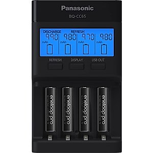 Panasonic K-KJ65K3A4BA Super Advanced 4-Position Quick Charger with LCD Indicator Panel, USB Charging Port and 4AAA eneloop pro Rechargeable Batteries, Black