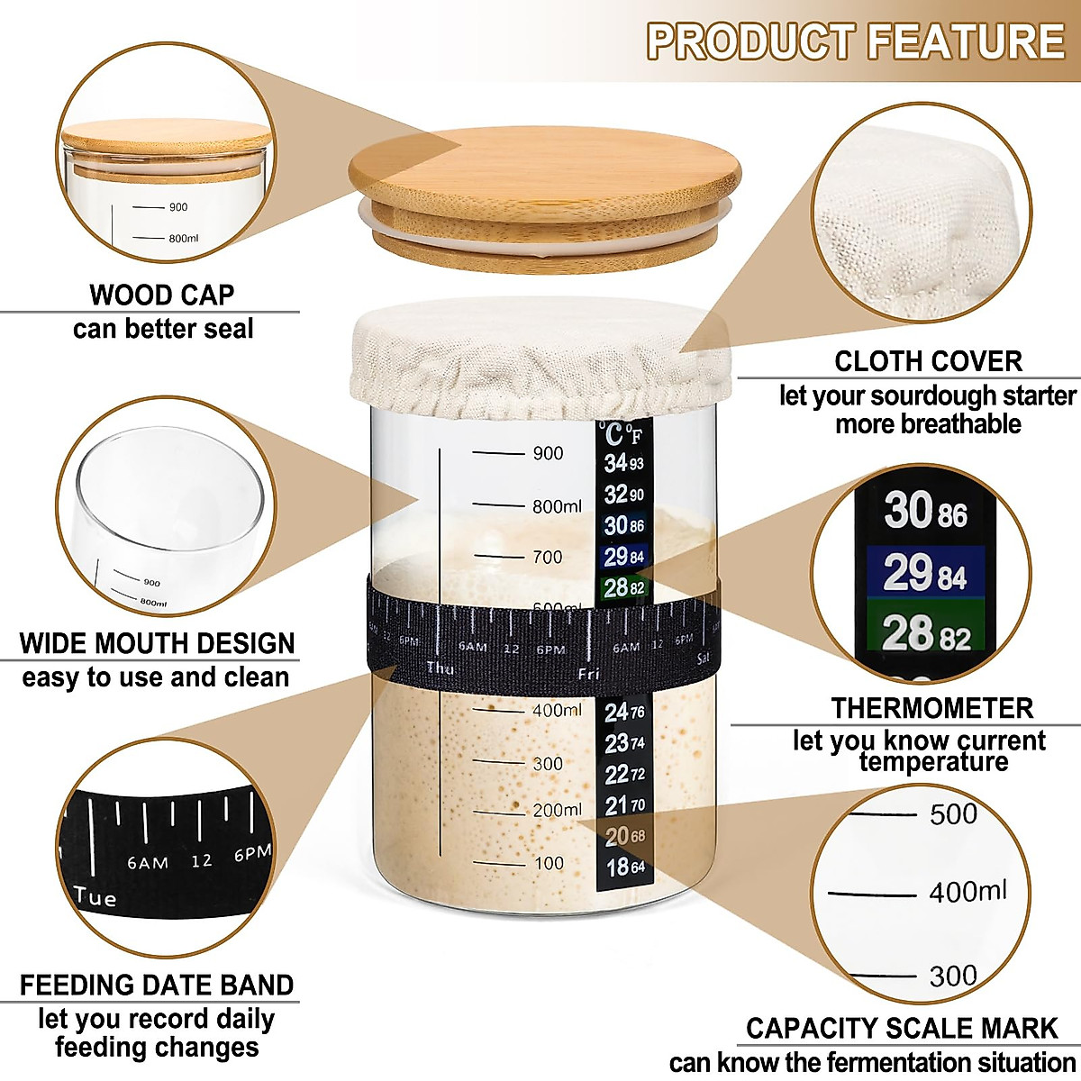 Sourdough Starter Jar Kit with 35 Oz/1000 ml Sourdough Bread Baking Supplies with Thermometer, Feeding Date Band, Silicone Scraper, Silicone Spoon Cloth Cover & Wood Lid, Wide Mouth Dough Starter Jar