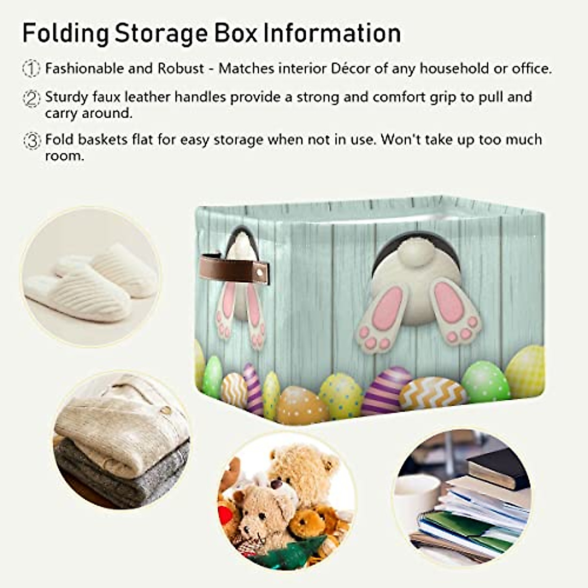 Easter Day Bunny Tail Eggs Storage Basket Fabric Laundry Baskets Happy Easter Rabbit Spring Storage Boxes Organizer Bag for Baby Cloth Dog Toy Book Storage Cubes Shelf Closet Bins 16×12×8 Inches