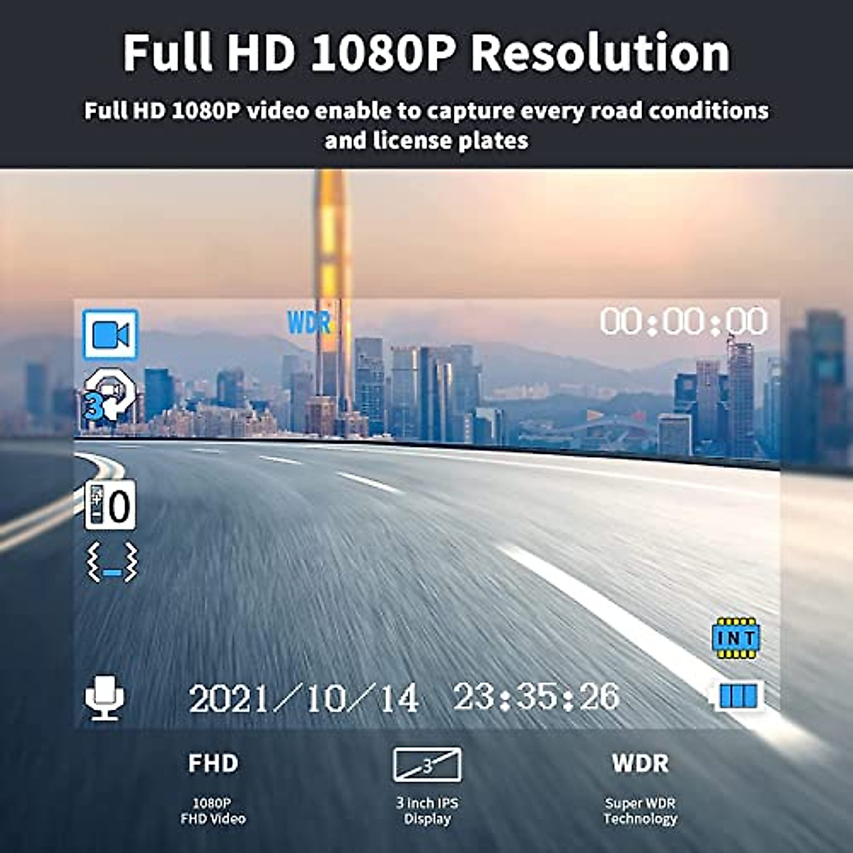 Dash Cam 1080P Full HD, 2 Mounting Options, On-Dashboard Camera Video Recorder Dashcam for Cars with 3" LCD Display, Night Vision, WDR, Motion Detection, Parking Mode, G-Sensor, 170° Wide Angle