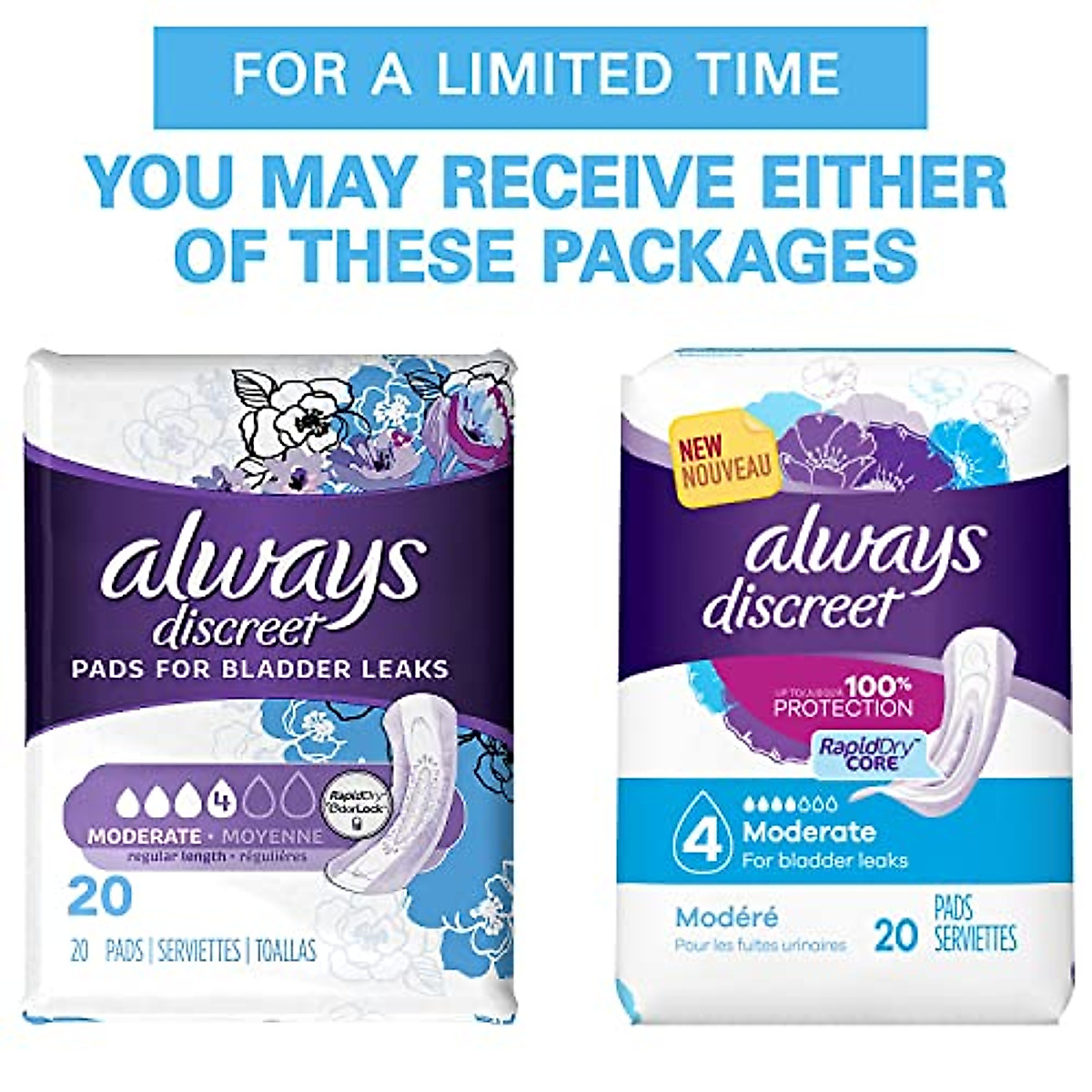 Always Discreet, Incontinence Pads, Moderate, Regular Length, 20 Count Size - 1 Pack
