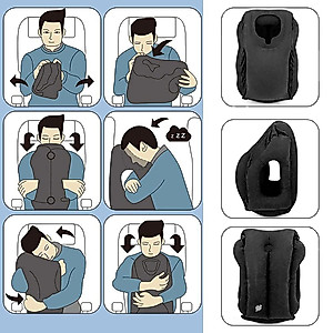 Inflatable Travel Pillow, Airplane Neck Pillow for Sleeping, Supports Head and Chin for Airplanes,Trains,Cars and Office Napping with 3D Eye Mask and Earplugs and Portable Drawstring Bag