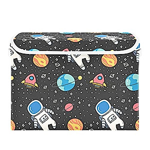 Krafig Kawaii Cartoon Space Foldable Storage Box Large Cube Organizer Bins Containers Baskets with Lids Handles for Closet Organization, Shelves, Clothes, Toys