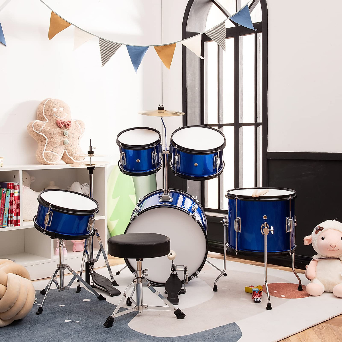 Costzon 16” Kids Drum Set, 5-Piece Full Size Complete Junior Drum Set with Adjustable Throne, Cymbal, Hi-Hat, Pedal & Drumsticks, Beginner Drum Kit with Bass Snare Tom Drum, Age 3-12, Blue