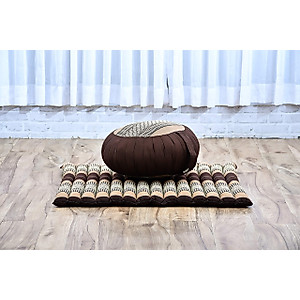 Leewadee Meditation Cushion Set – 1 Round Zafu Yoga Pillow and 1 Square Roll-Up Zabuton Mat Filled with Eco-Friendly Kapok, Brown