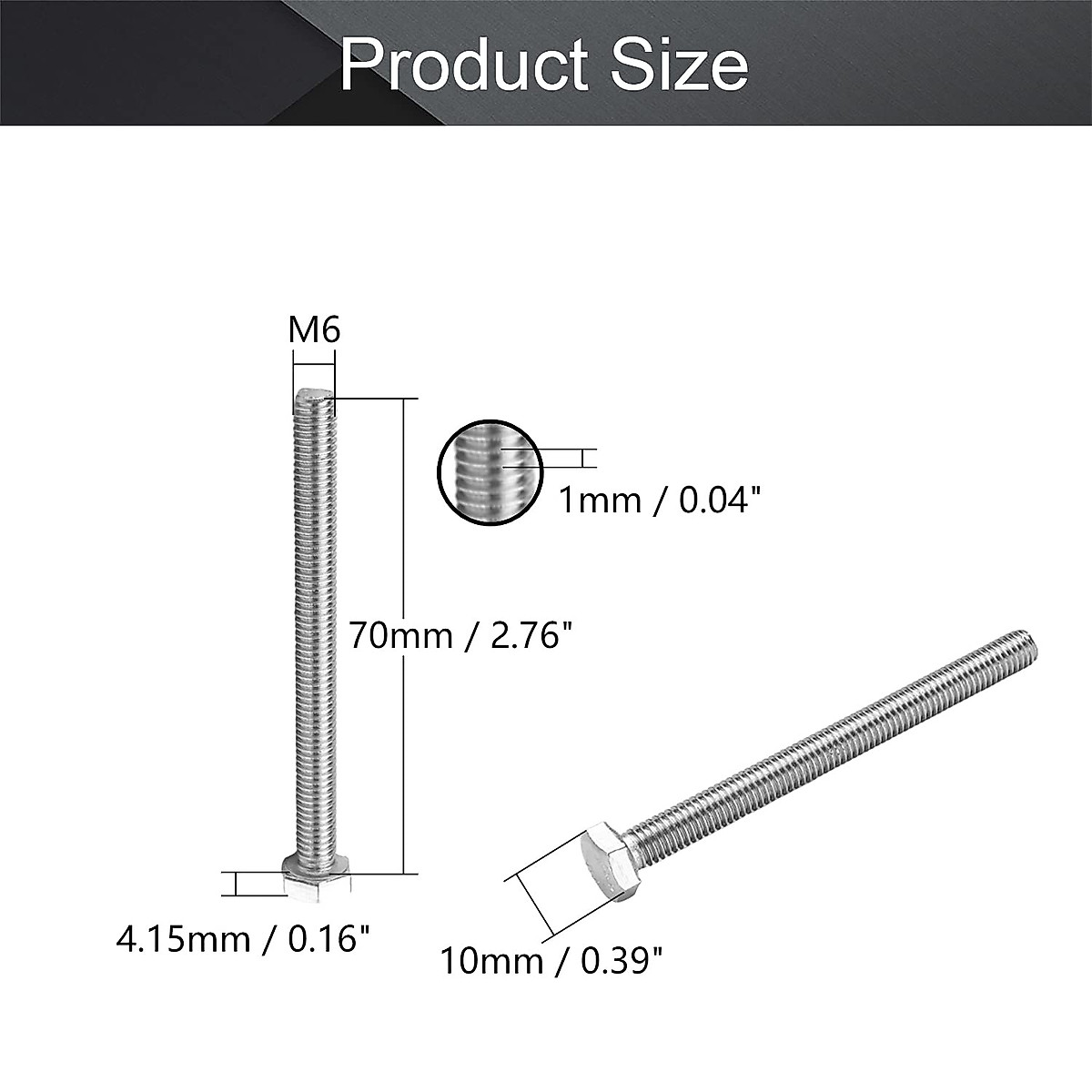 MroMax 15Pcs M6 x 70mm Hex Head Screws Bolts, 304 Stainless Steel 18-8, Fully Threaded, External Hex Drive, for Mounting Chair, Handles, Rail, Pump, Wheels, Antenna Parts, Boat and Plastic Bumpers