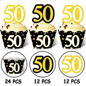 24pcs Dessert Cupcake Topper 24pcs Cupcake Wrappers Cheer to 50 Years Old Theme Decor Supplies Men Women Happy 50th Birthday Wedding Anniversary Party Decoration