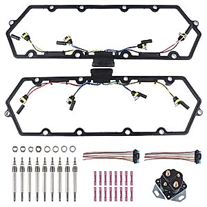 WMPHE Compatible with 2 Valve Cover Gaskets + Inner Injector Glow Plug Harness with Relay + 8 Glow Plugs Ford F250 F350 E250 E350 Diesel Powerstroke 7.3L 1999 2000 2001 2002 2003, OEM F81Z-6584-AA