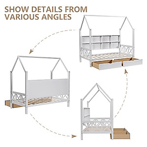 HUMEHA Full House Bed with Roof and 2 Storage Drawers for Kids, Wooden Full Size Bed Frame with Storage Shelves Guardrails and Wood Slats for Boys Girls,No Box Spring Required, White
