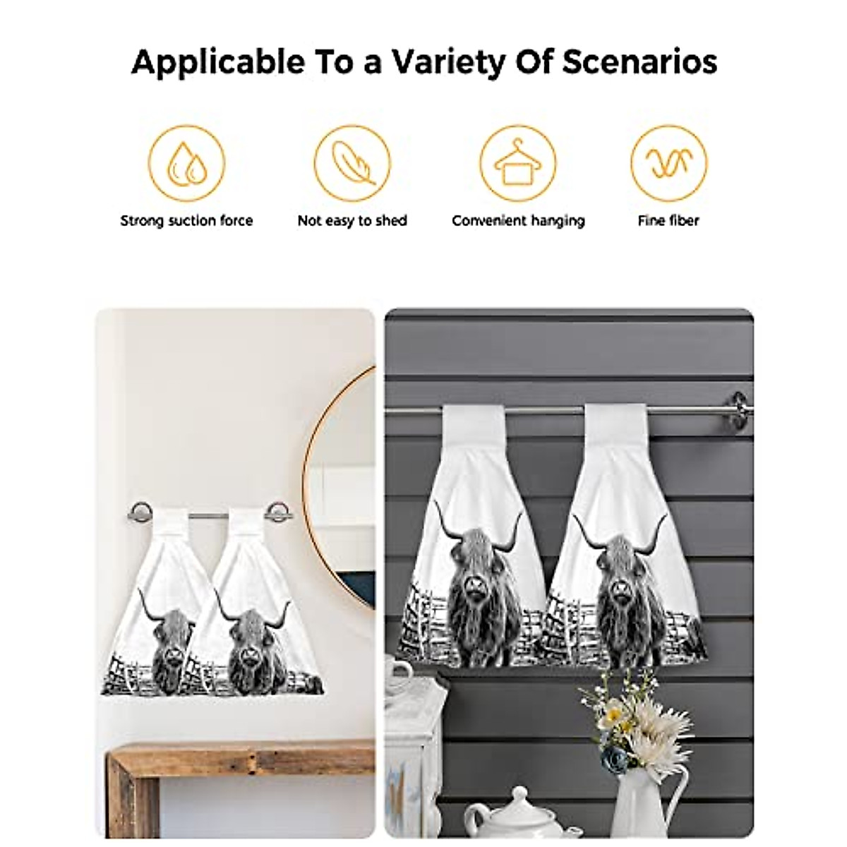 Farmhouse Yak Kitchen Towels with Hanging Loop 2 Pack, Absorbent Hand Towels for Bathroom, Grey Funny Cute Farm Animals Rustic Hand Kitchen Towel Tea Bar Dish Cloths Tie Towel 18"x14"