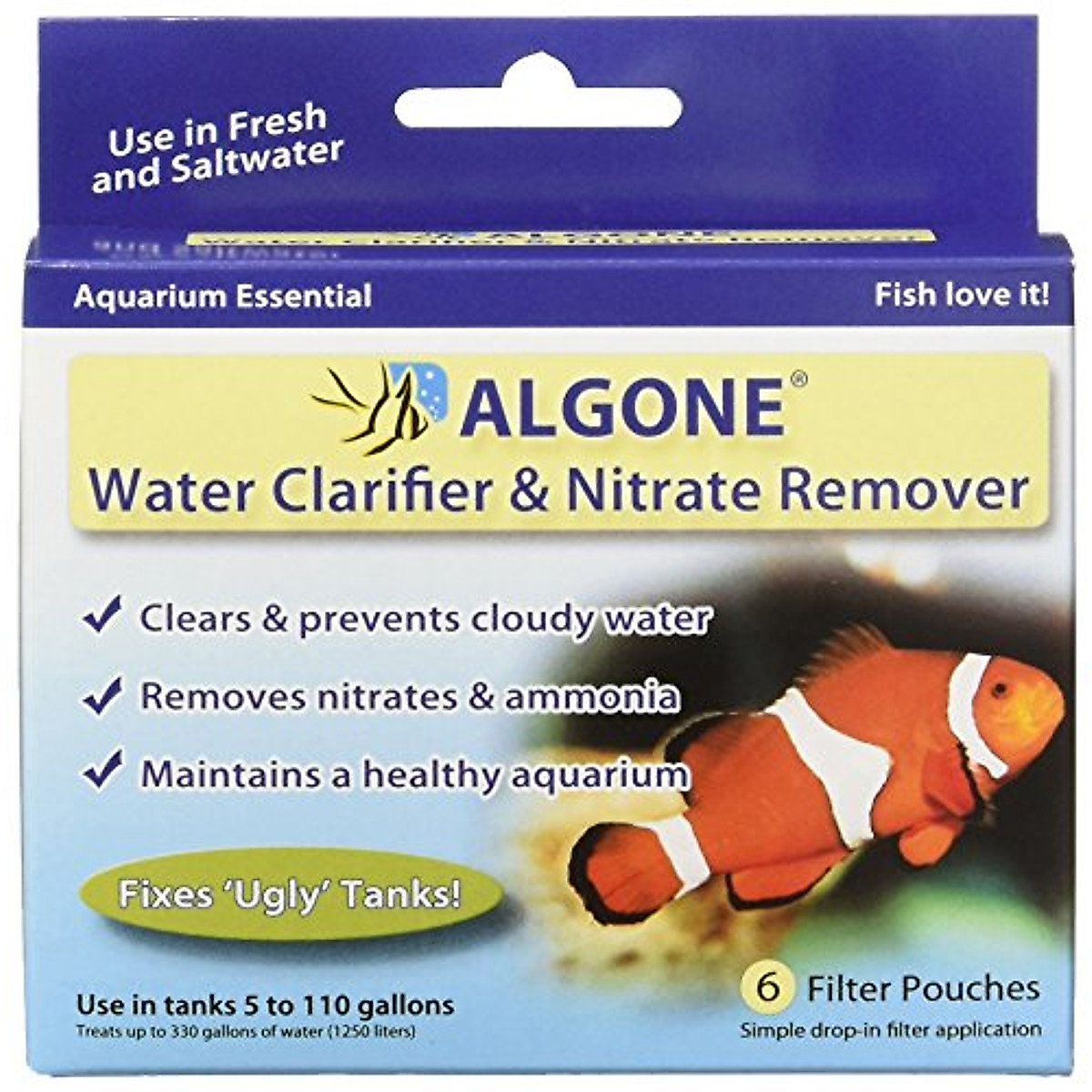 Algone Aquarium Water Clarifier and Nitrate Remover, 6 filter pouches
