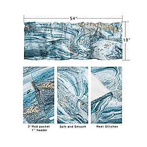 LBHAUSE Art Marble Curtain Valances for Window, Rod Pocket Window Valance Curtain Kitchen Short Curtain for Bedroom Living Room Blue White Gold Liquid Abstract Ocean 60"x18"