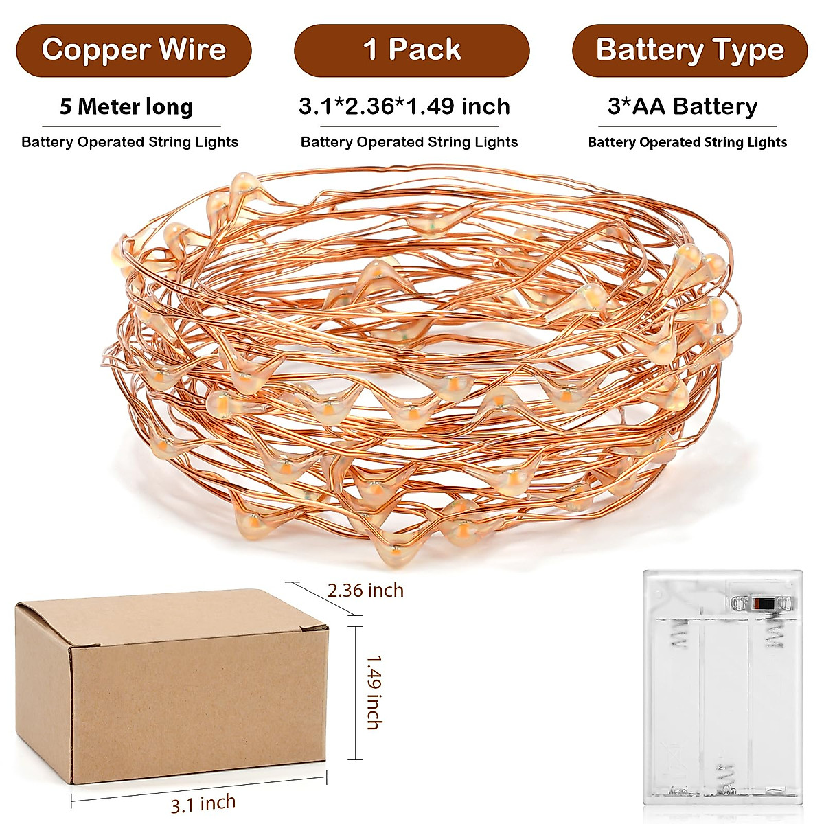 Ariceleo Led Fairy Lights Battery Operated, 1 Pack Mini Battery Powered Copper Wire Starry Fairy Lights for Bedroom, Christmas, Parties, Wedding, Centerpiece, Decoration (5m/16ft Cool White)
