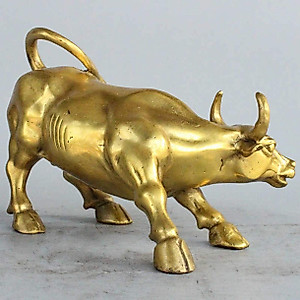 ZHONGJIUYUAN Brass Charging Stock Market Bull Figurine Wall Street Sculptures Bull Ox Statue Feng Shui Scuplture Home Office Decor (Middle Size)