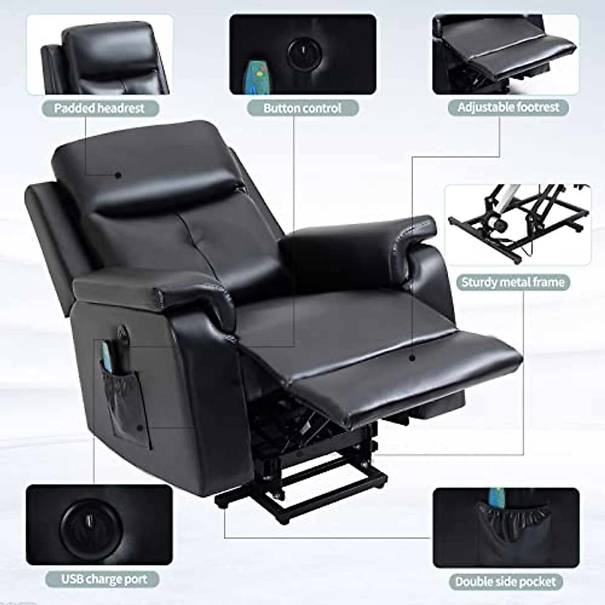 AVAWING Power Lift Recliner Chair for Elderly, Leather Electric Massage Recliner Chair w/Heat, Side Pocket, Remote Control, USB Charge Port for Bedroom, Living Room, Dark Black…