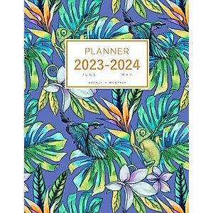 Planner 2023-2024: 8.5 x 11 Weekly and Monthly Organizer from June 2023 to May 2024 | Tropical Plant Lizard Bird Design Blue