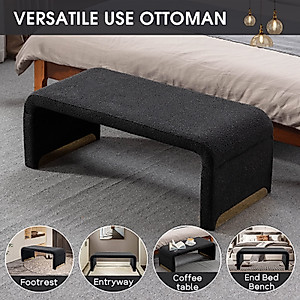 NIOIIKIT 43.3'' Ottoman Bench with Boucle Fabric, Faux Fur End of Bed Bench with Golden Metal Legs, Upholstered Entryway Bench for Living Room, Bedroom, Entryway (Black)