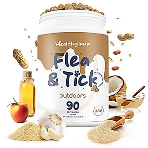 Flea and Tick Prevention for Dogs, Chewable – 90 Peanut Butter Flavored Soft Chews – Made with B Vitamins, Garlic Powder, Brewers Yeast, Coconut Oil, and Apple Cider Vinegar