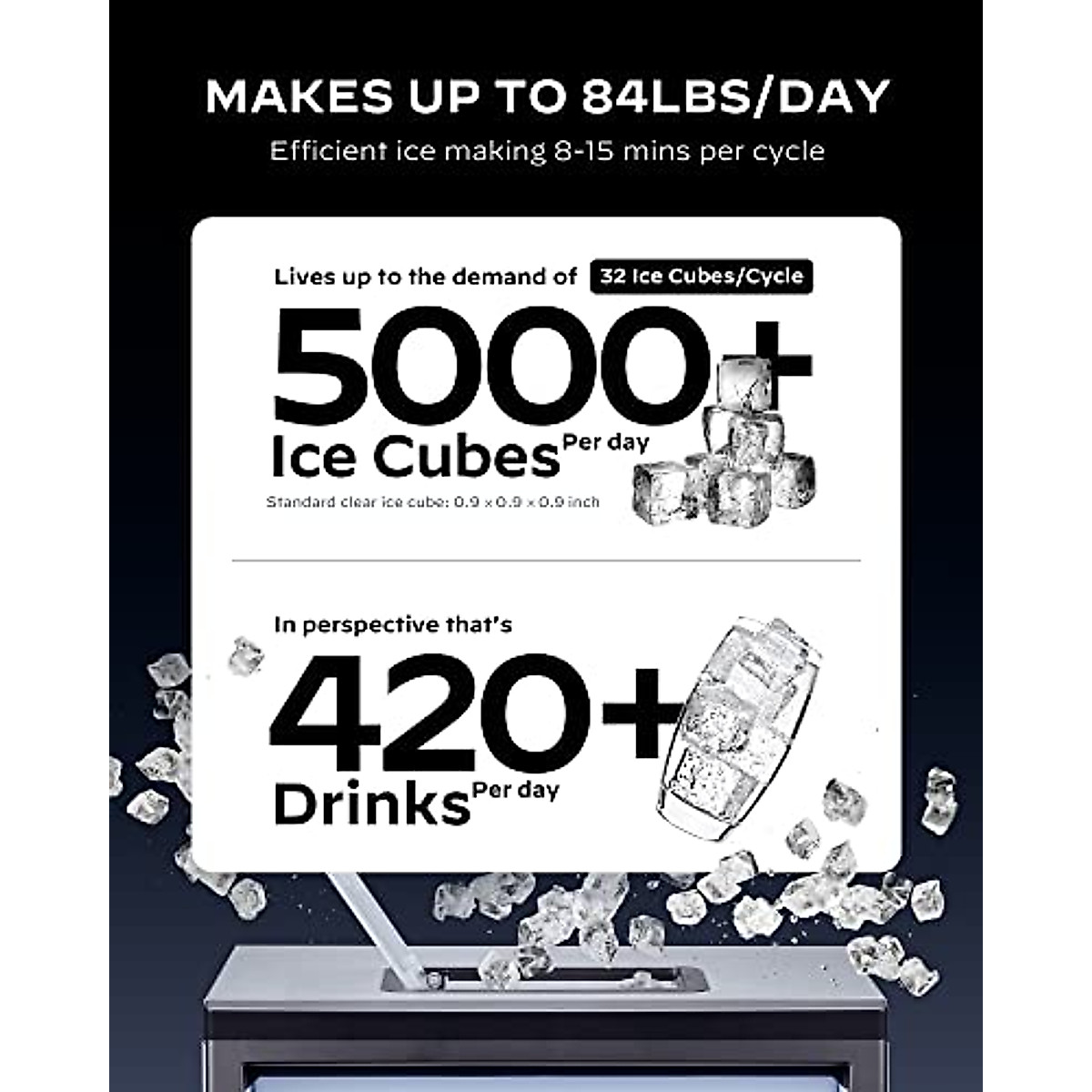 Silonn Commercial Ice Maker Machine, 90LBS/24H with 30lbs Bin, Full Heavy Duty Stainless Steel Construction, Self-Cleaning, Clear Cube for Home Bar, Include Scoop, Connection Hose