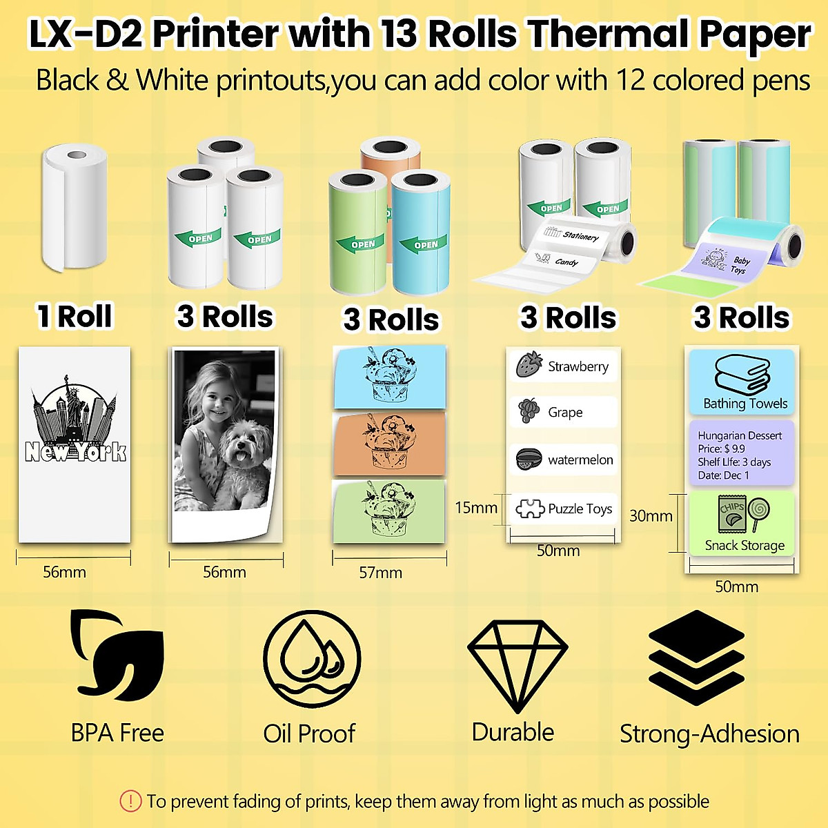 DOLEWA Mini Printer with 13 Rolls Sticker Paper, Sticker Printer, Portable Thermal Inkless Sticker Maker, Wireless Thermarote Label Printers for Photos, Study Notes, DIY, Journal, Memo (Black)