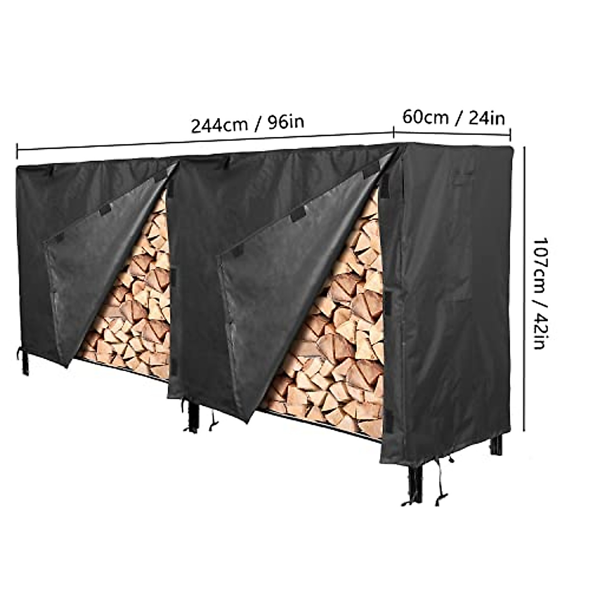 TLGREEN Outdoor Log Rack Cover, 8ft 600D Waterproof, Firewood Rack Cover with Straps and Air Vents, 96L24W42H inches, Fit for 8ft Log Rack，Black