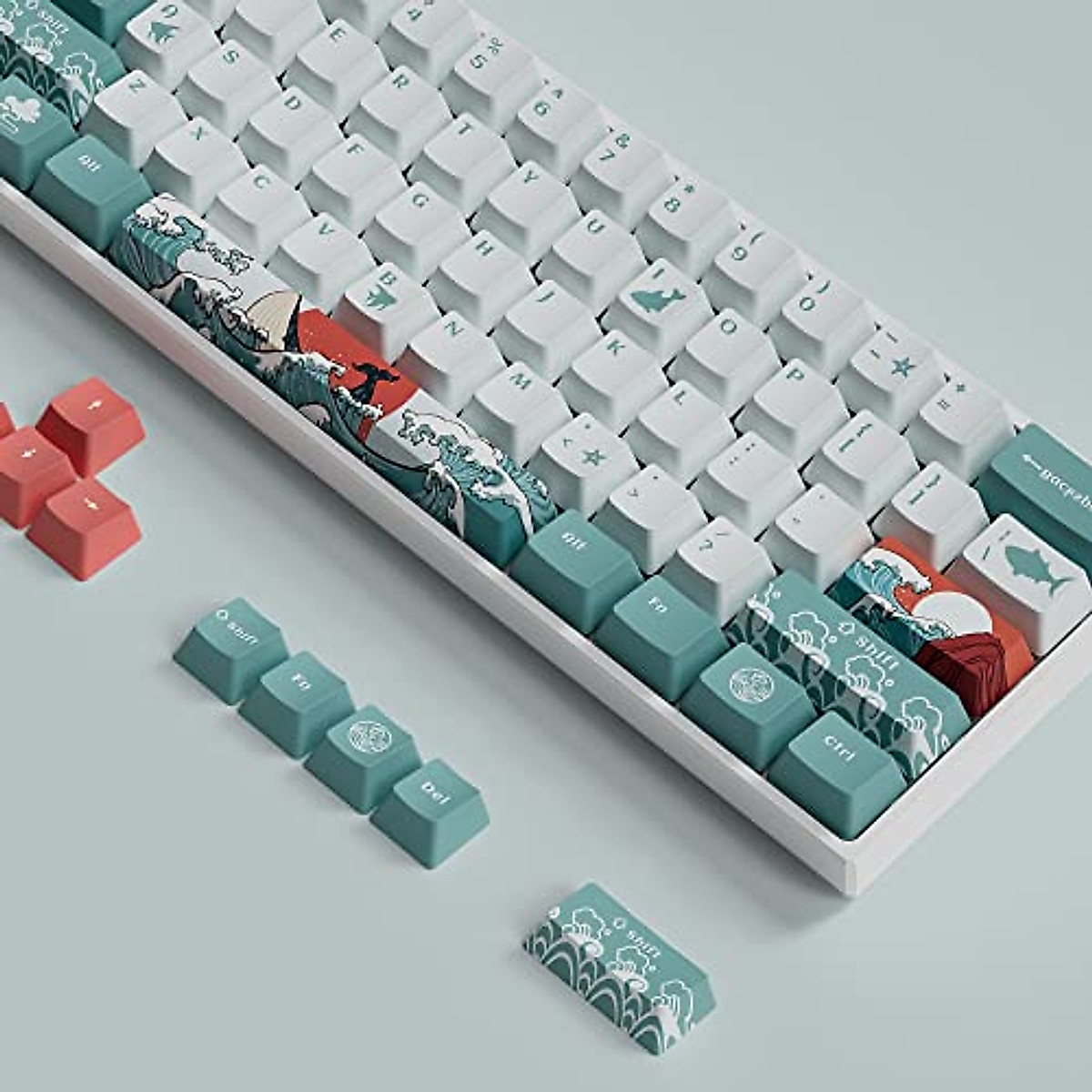 Keycaps 60 Percent - PBT Keycap Set, 71 Key Custom Keycaps for Mechanical Keyboards, OEM Profile, English (US) Layout - Coral Sea