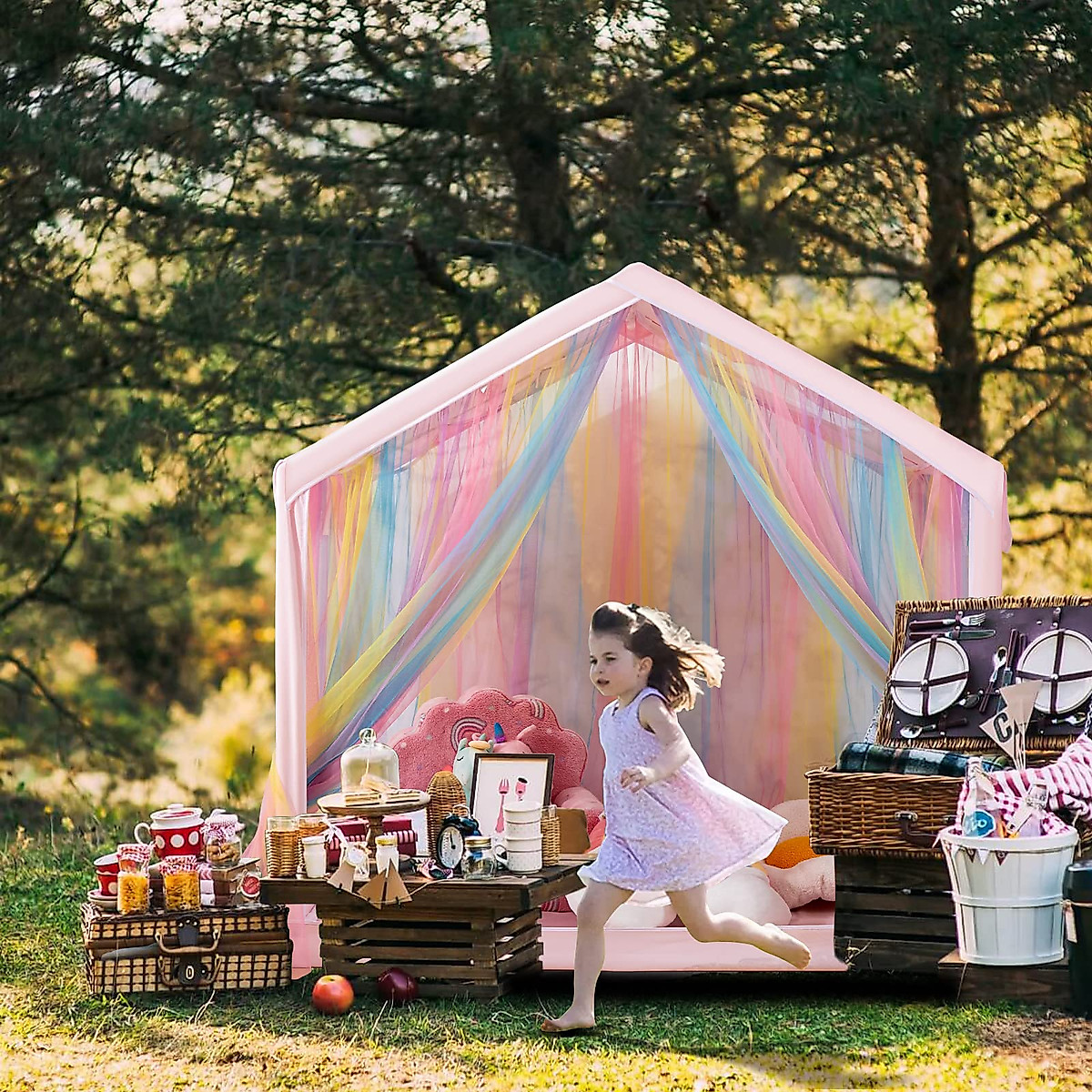 MOOZHEALTH Princess Rainbow Kids Play Tent -Large Castle Playhouse for Girls,Indoor & Outdoor Toddlers Play Tent,Reading Nook Imaginative Games,54x37x52