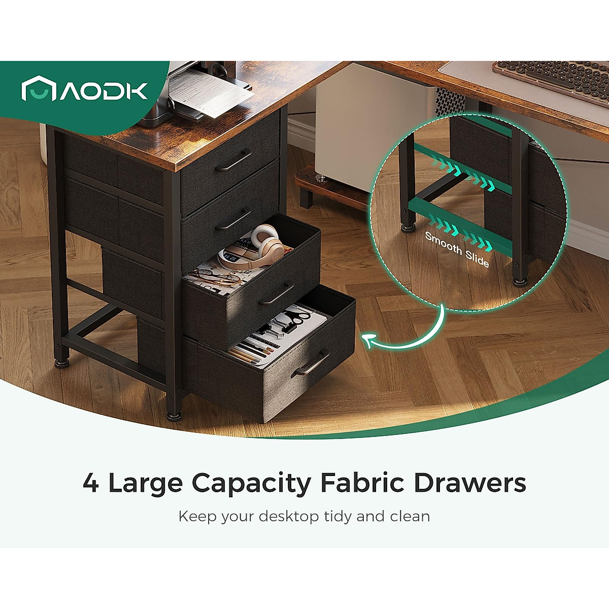 AODK L Shaped Desk with 4 Tier Drawers, 61" Reversible Gaming Desk with Power Outlets, L Shaped Computer Desk with USB Charging Port and Host Stand, Home Office Corner Desk, Easy to Assemble, Vintage