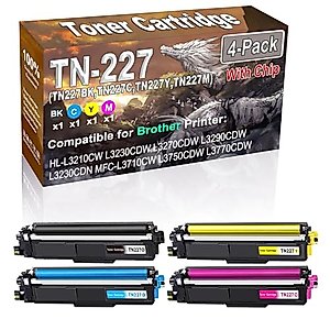 SINIYA 4-Pack (BK/C/Y/M) Compatible High Yield TN227 (TN-227BK TN-227C TN-227Y TN-227M) (with Chip) Printer Toner Cartridge use for HL-L3210CW L3230CDW L3270CDW L3290CDW L3230CDN MFC-L3710CW Printers