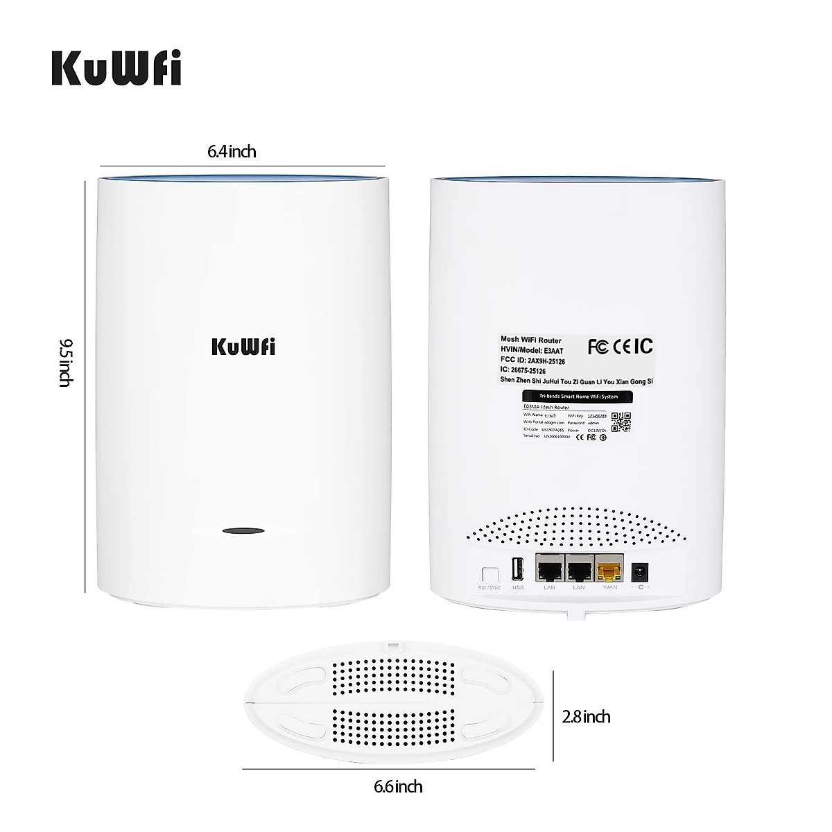 KuWFi 3-Pack Tri-Band Whole Home Mesh WiFi System with AC2200 Speed Gigabit Mesh WiFi 5 Router & Extender Replacement Covers up to 6500 sq.ft Tri-Band WiFi Mesh +2 Node