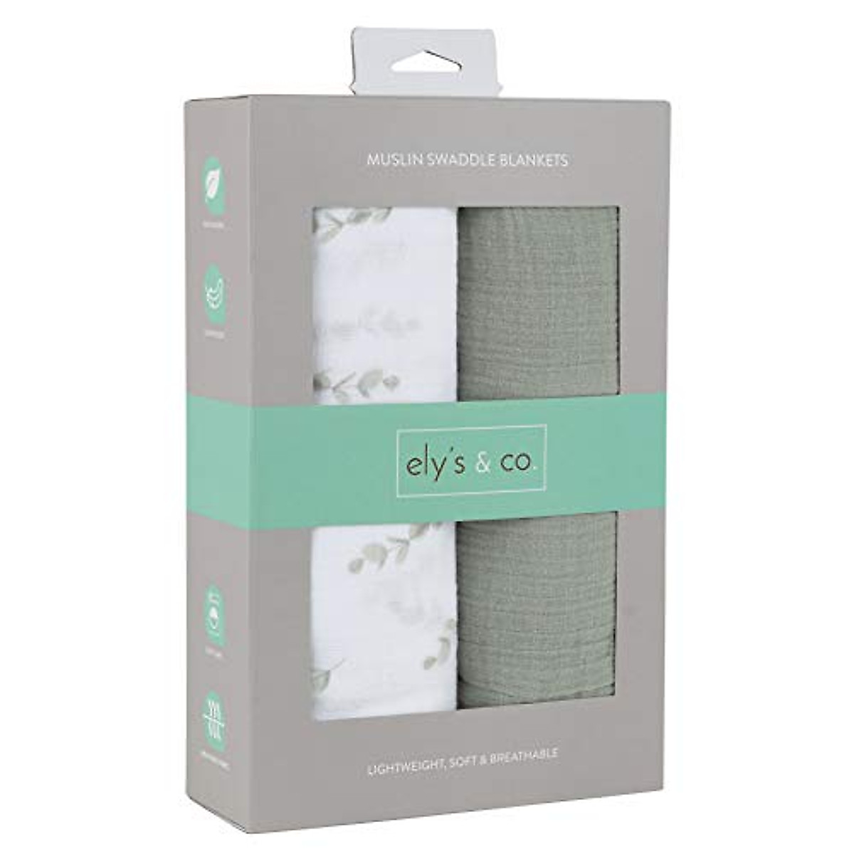Ely's & Co. Muslin Swaddle Blanket 2-Pack — 100% Cotton Muslin Extra-Large Swaddle Blankets (47” x 47”) Watercolor Eucalyptus Print & Solid Sage