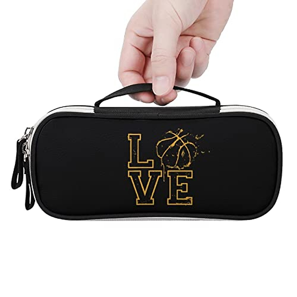 Love Basketball Printed Pencil Case Bag Stationery Pouch with Handle Portable Makeup Bag Desk Organizer