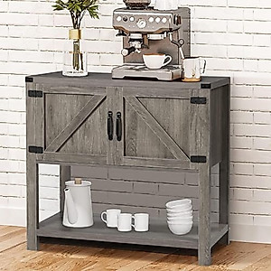 4ever2buy Farmhouse Coffee Bar Cabinet with Barn Doors, Grey Coffee Bar Stand with Storage, 36 inch Coffee and Tea Bar with Bottom Shelf for Living Dining Room