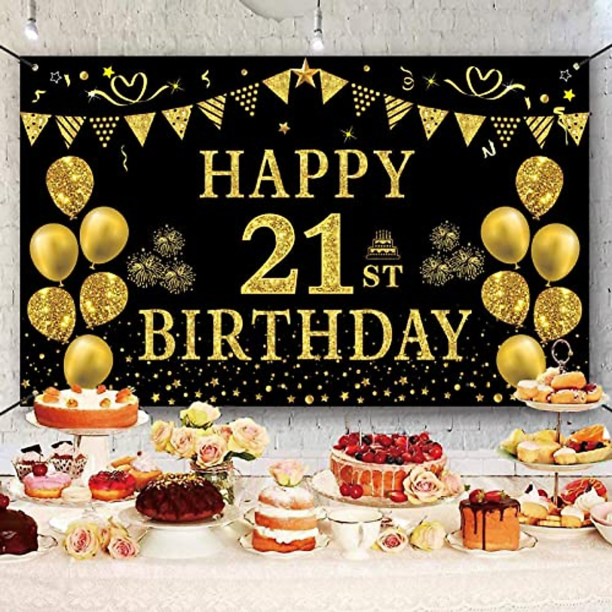 Trgowaul 21st Birthday Decorations for her him, Men Women Black Gold 21st Birthday Backdrop Banner, 21 Years Old Party Supplies Photography Background Girls Boys