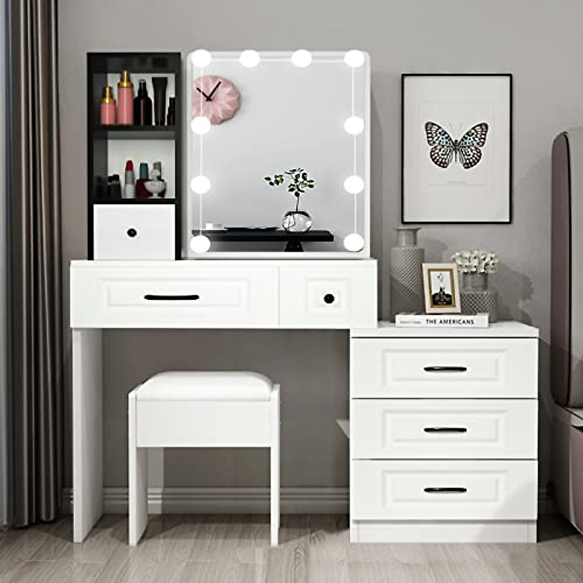 Jinruis Vanity Set Dressing Table with Lighted Makeup Mirror, Modern Vanity Table Desk with Storage Drawers and Stool for Bedroom, White