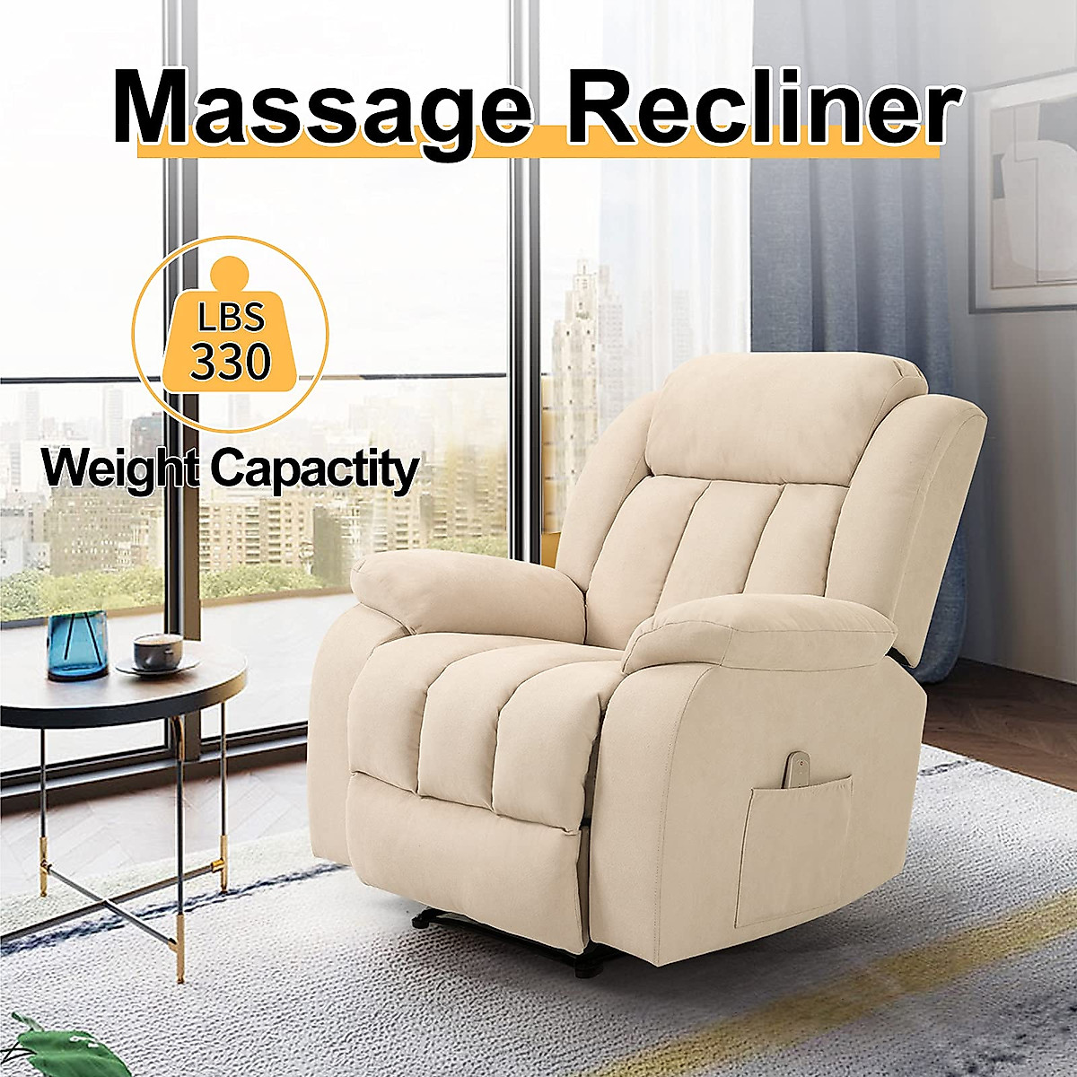 HOMHUM Massage Recliner Chair Fabric Heated Ergonomic Lounge Chair for Living Room Overstuffed Reclining Chair Single Sofa, Remote Control, Beige