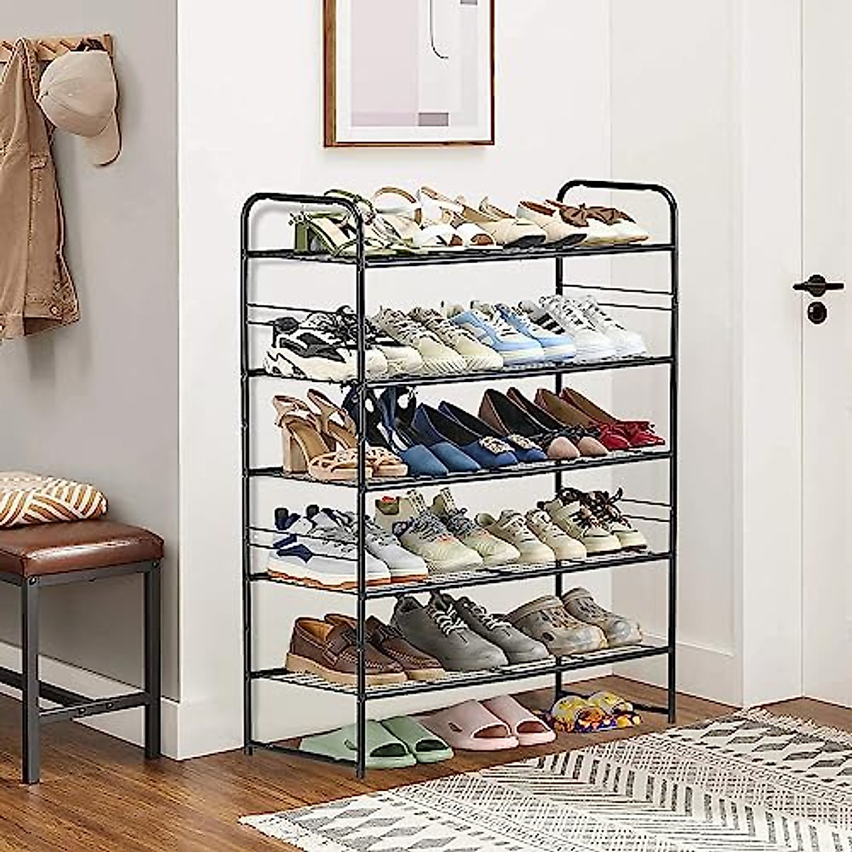 SUFAUY 5-Tier Shoe Rack, Stackable Shoe Shelf Storage Organizer for Entryway Closet, Extra Large Capacity, Wire Grid, Black