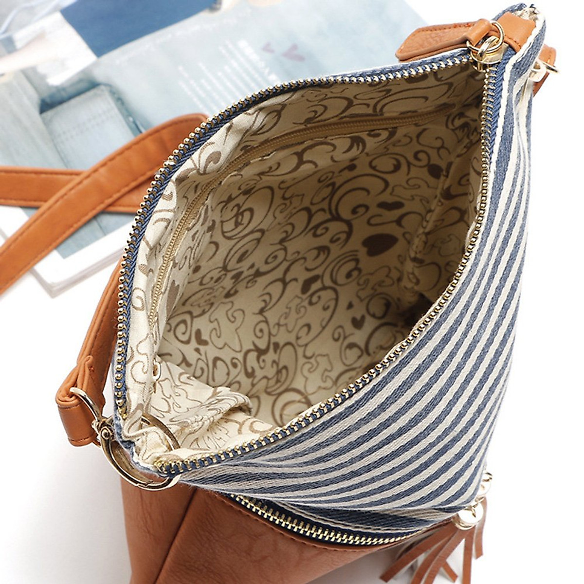 Duketea Stripe Medium Crossbody Purse, Canvas + Faux Leather, Blue, Size Medium