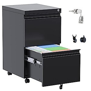 Aobabo Metal 2 Drawer Mobile File Cabinet with Lock, Under Desk Office Steel Filing Cabinet, 25.6''H Legal/Letter Size Files Storage Cabinet,Black,Fully Assembled