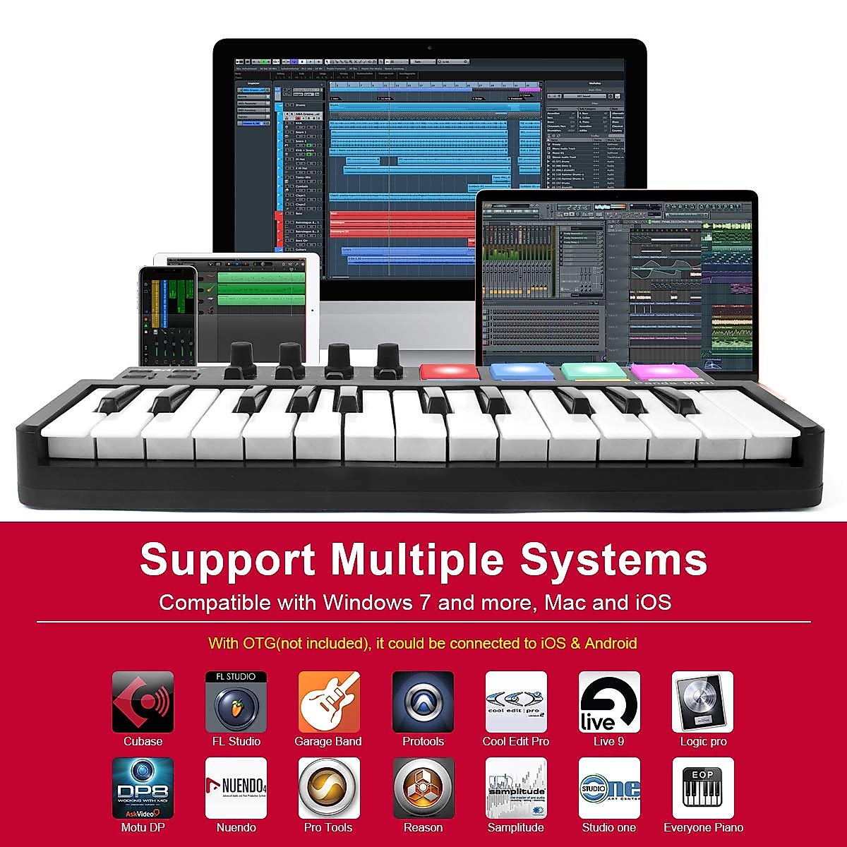 Midi Controller, lotmusic Worlde TUNA PANDA MINI 25 Keys Portable USB Midi Keyboard with 8 RGB Backlit Colorful Drum Beat